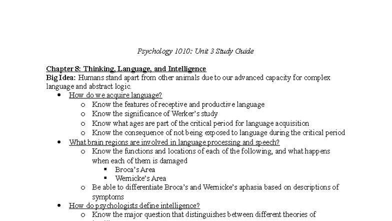 Psychology 1010: Unit 3 Study Guide on Language, Motivation, & Social ...