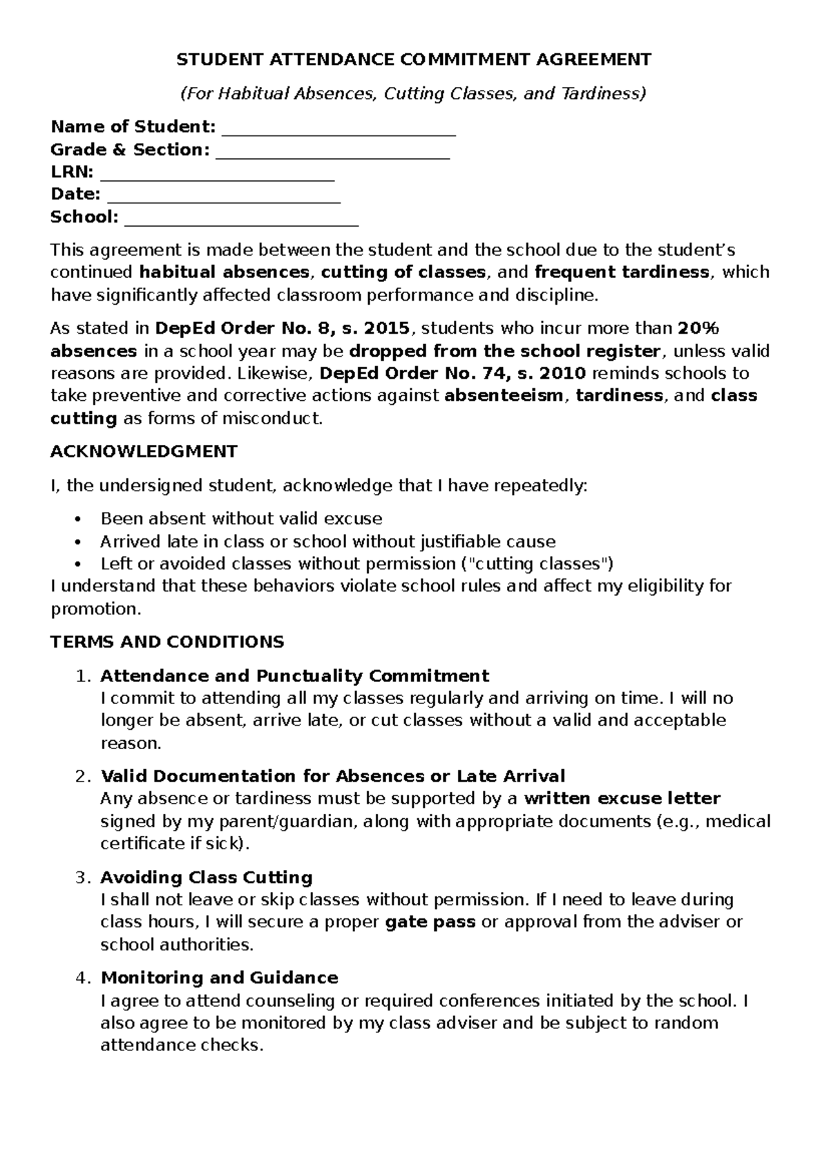 STUDENT ATTENDANCE COMMITMENT AGREEMENT (For Habitual Absences) - Studocu