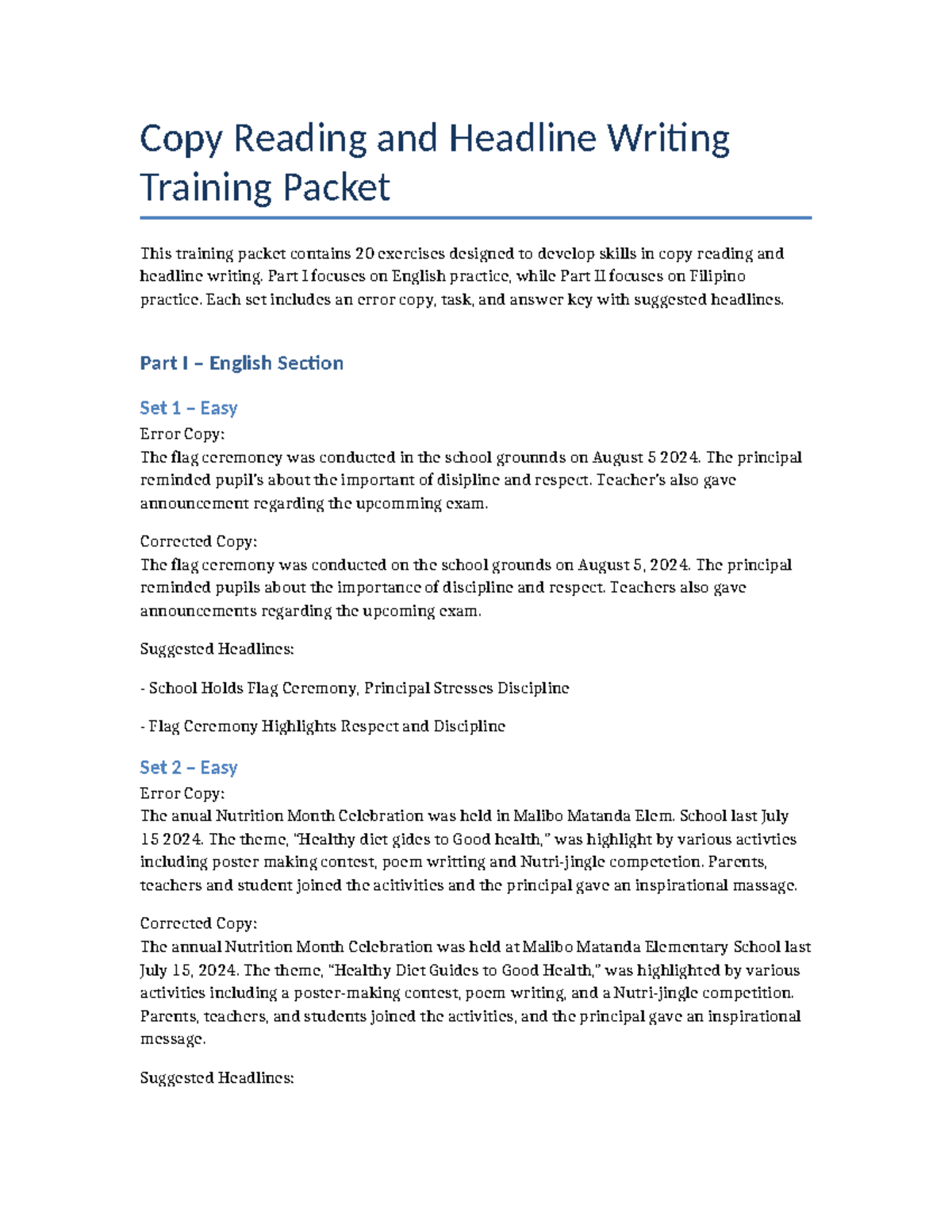 Copy Reading & Headline Writing Training Packet (Exercises) - Studocu
