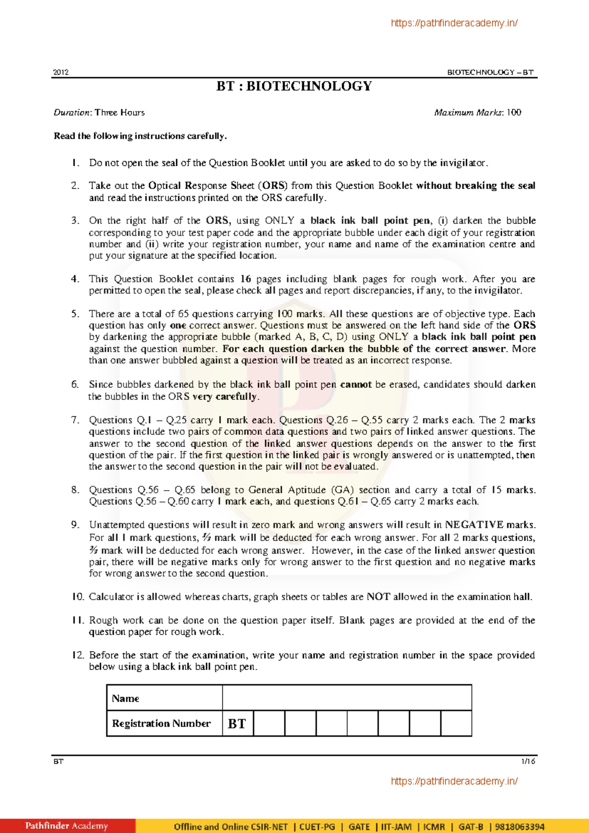 BT 2012 Biotechnology Final Exam Question Paper with Answer Key - Studocu