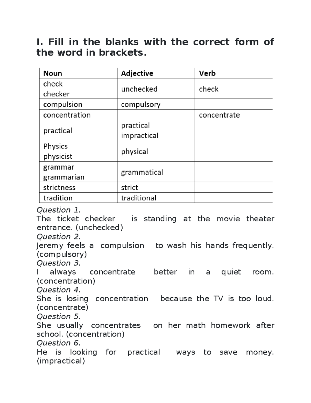 Word Form Exercises for English Language - Baitapwordform 6ki2 - Studocu