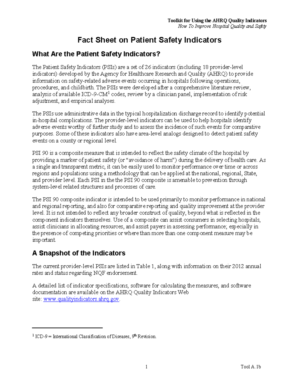 AHRQ Quality Indicators Toolkit: Patient Safety Indicators Overview ...