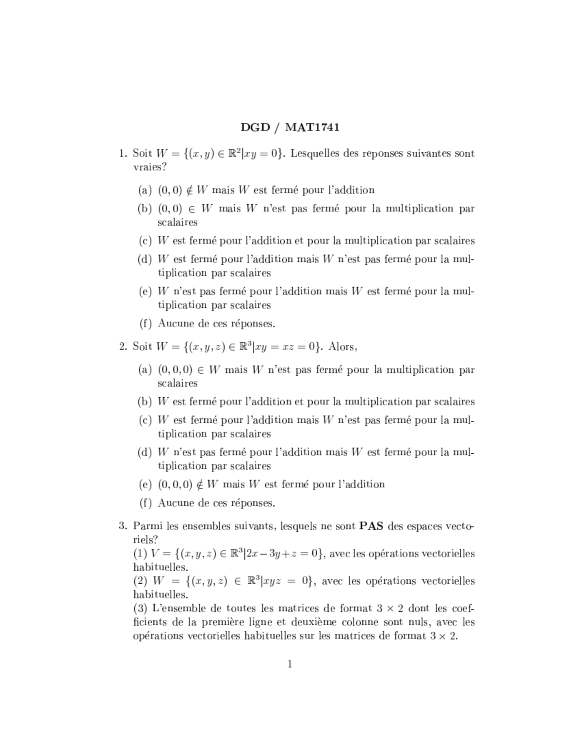 MAT 1741 - DGD 3 - Discussion group work - DGD MAT1741 1. Soit W E Lesquelles des reponses ...