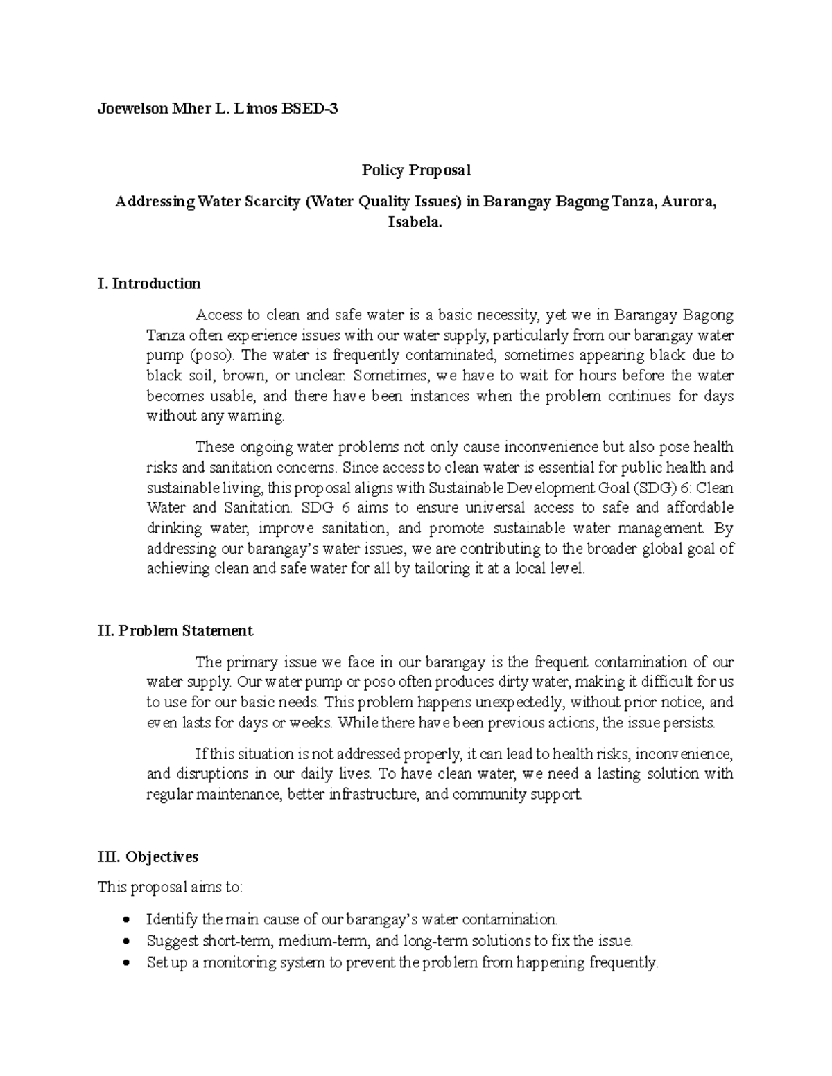 Policy Proposal: Addressing Water Scarcity in Barangay Bagong Tanza ...