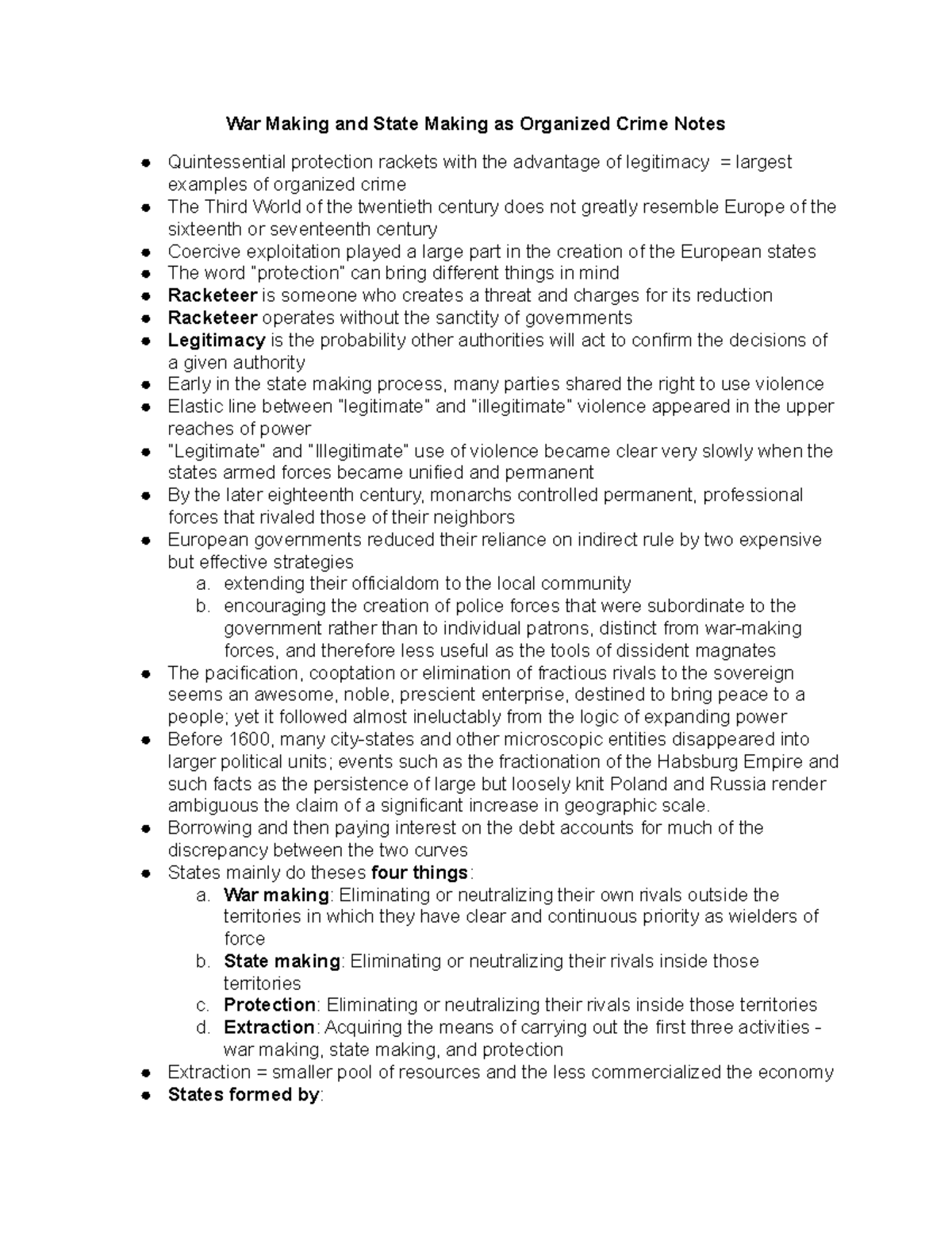 Notes on War Making and State Making as Organized Crime - Studocu