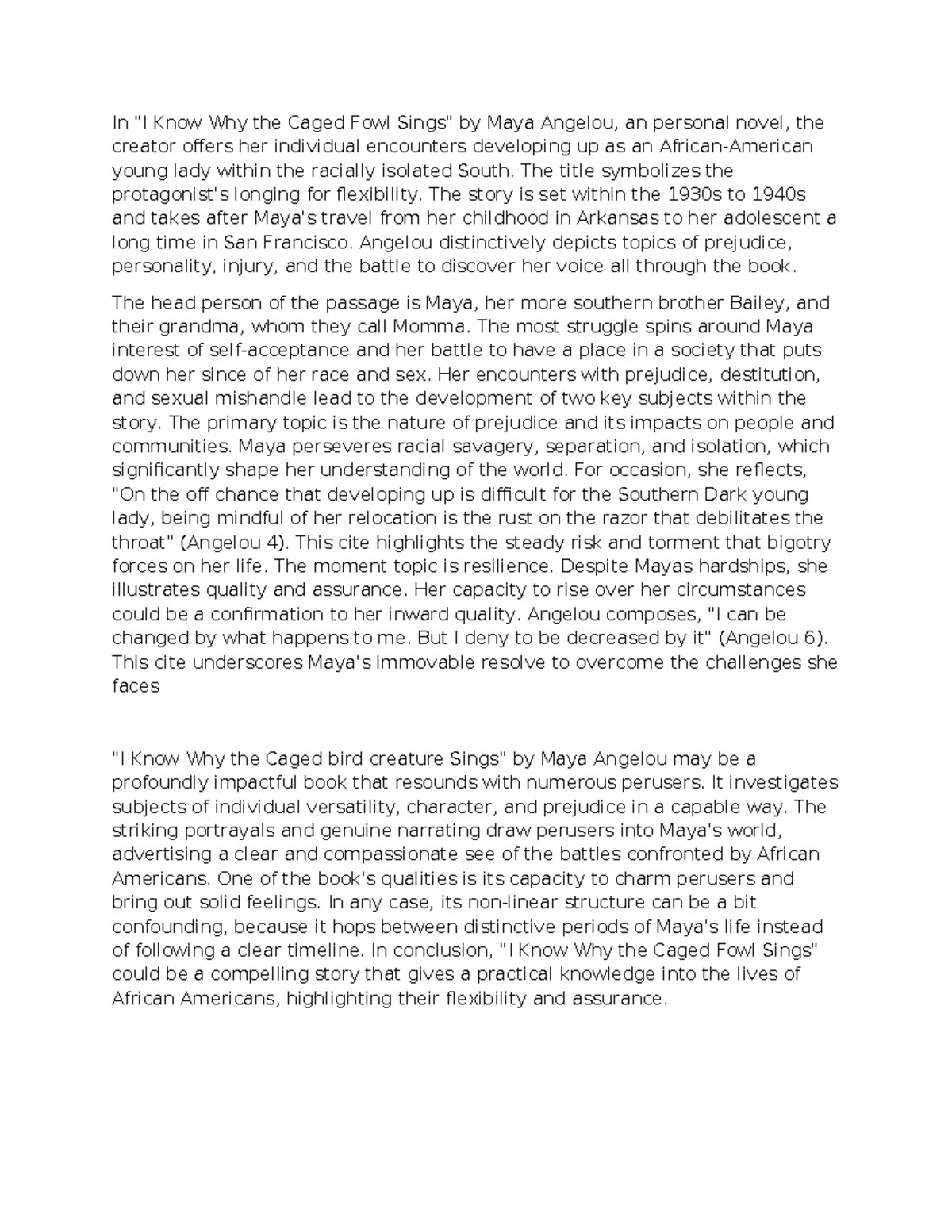 Essay Notes on "I Know Why the Caged Bird Sings" by Maya Angelou - Studocu
