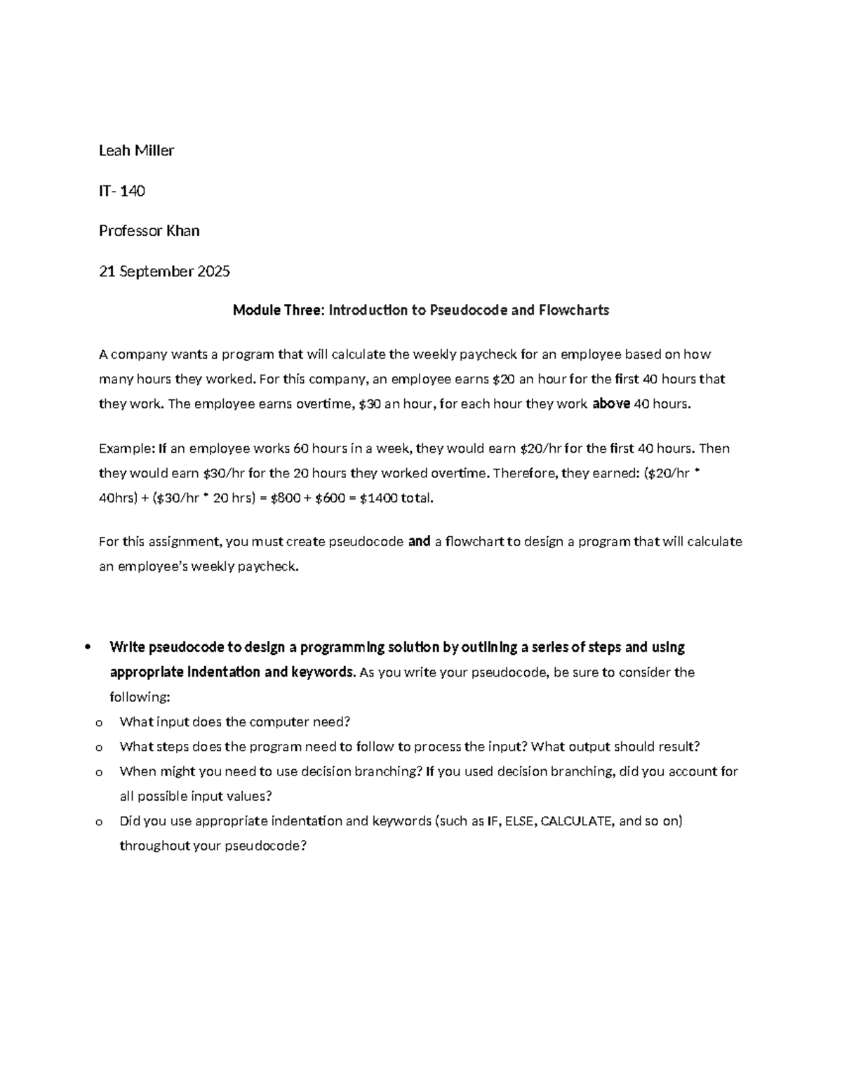 IT140 - Module 3: Pseudocode & Flowchart for Weekly Paycheck ...