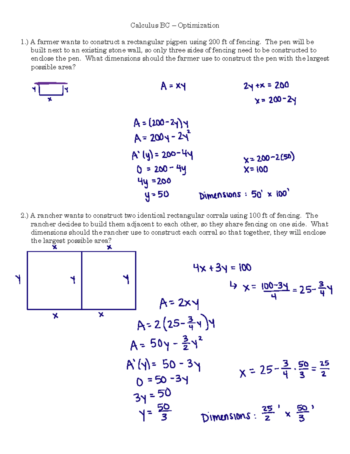 Calculus BC Optimization: Maximizing Area and Volume Problems - Studocu