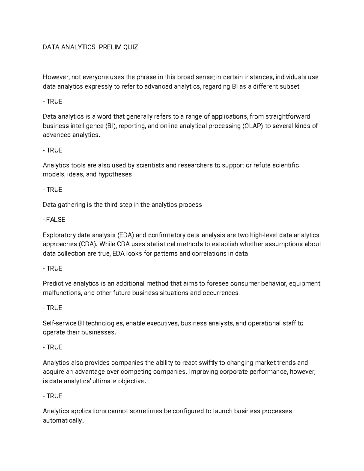 DATA ANALYTICS PRELIM QUIZ NOTES - Studocu