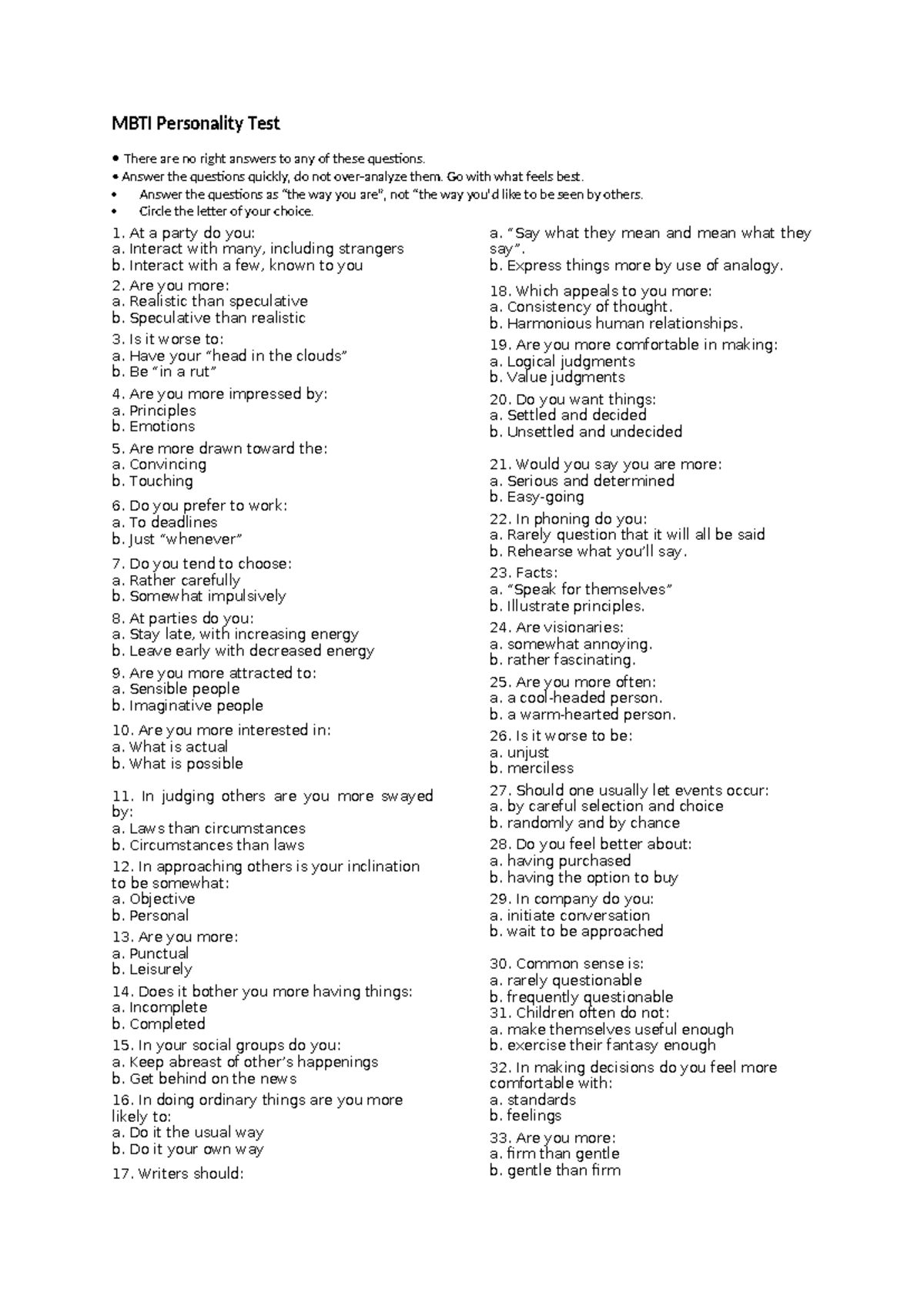 MBTI Personality Test & Work Values Analysis (Activity 2) - Studocu