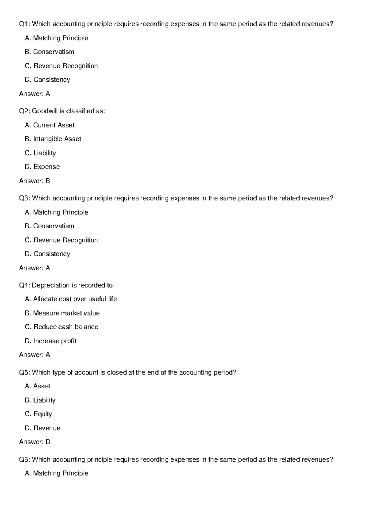 Accounting Quiz Set 1 (Q1-Q6) - Principles & Concepts - Studocu