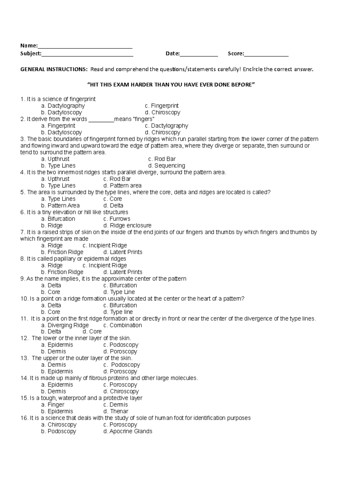 Dactyloscopy Questionnaire - 1 to 75 Assessment Guide - Studocu
