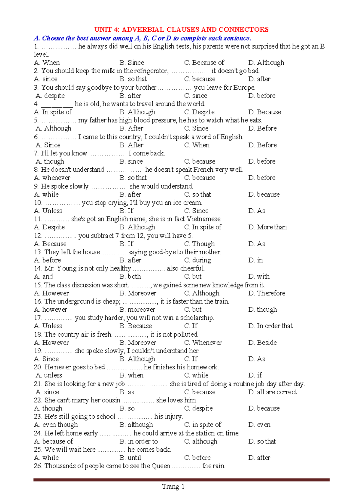 UNIT 4: ADVERBIAL CLAUSES & CONNECTORS EXERCISES - Studocu