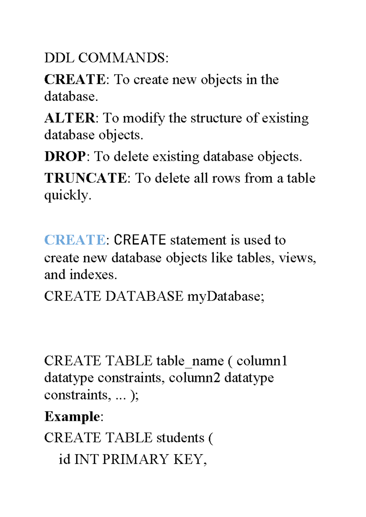 SQL DDL Commands: CREATE, ALTER, DROP, TRUNCATE Explained - Studocu