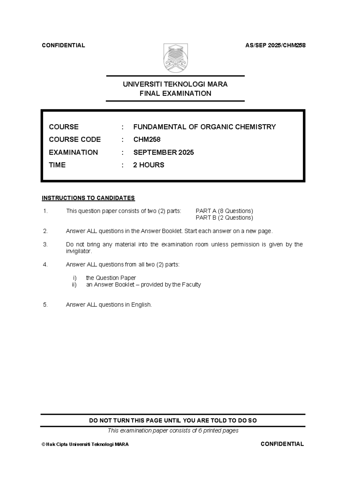 CHM258 Final Exam: Fundamental of Organic Chemistry - Sept 2025 - Studocu