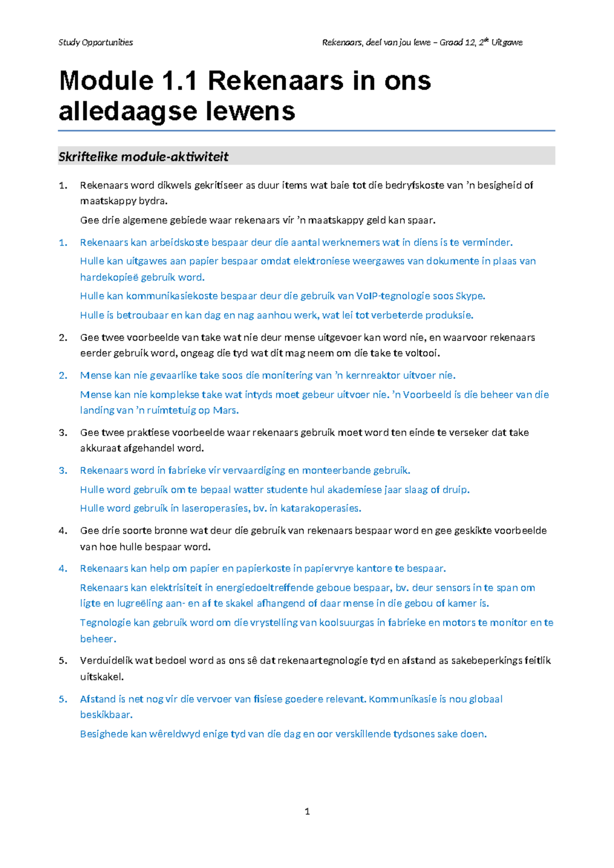 Rekenaars in Alledaagse Lewens – Graad 12 Module 1 Antwoorde - Studocu
