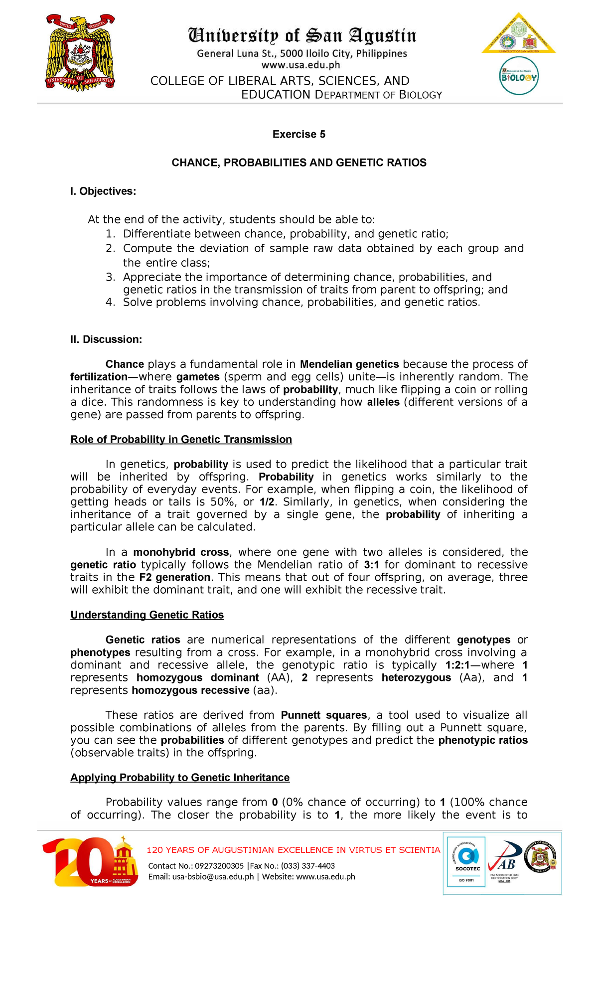 BIO 101 Exercise 5: Chance, Probabilities, and Genetic Ratios Lab - Studocu