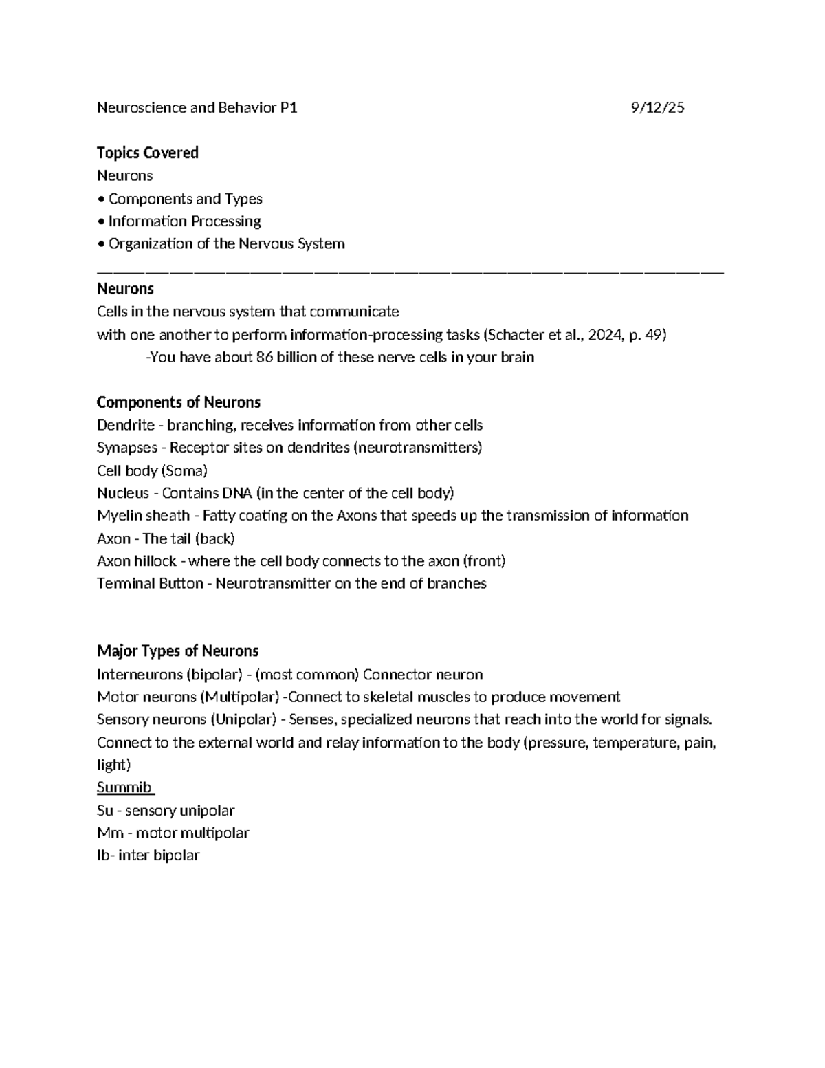 Neuroscience and Behavior P1: Neurons, Signaling, and System Org. - Studocu