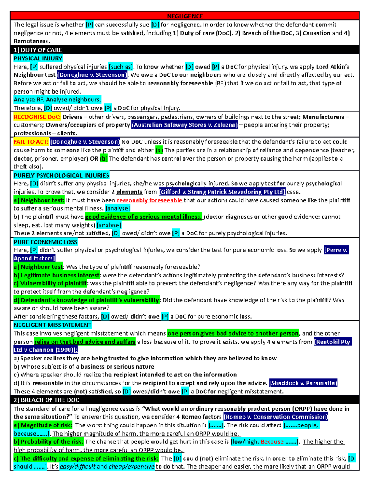 Com Law Final Exam Negligence Cheat Sheet: Key Elements & Analysis ...