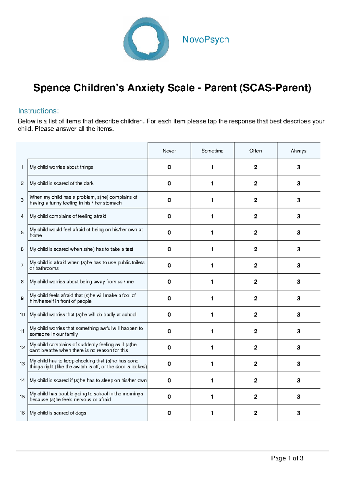 NovoPsych SCAS Parent Instructions for Child Anxiety Assessment - Studocu