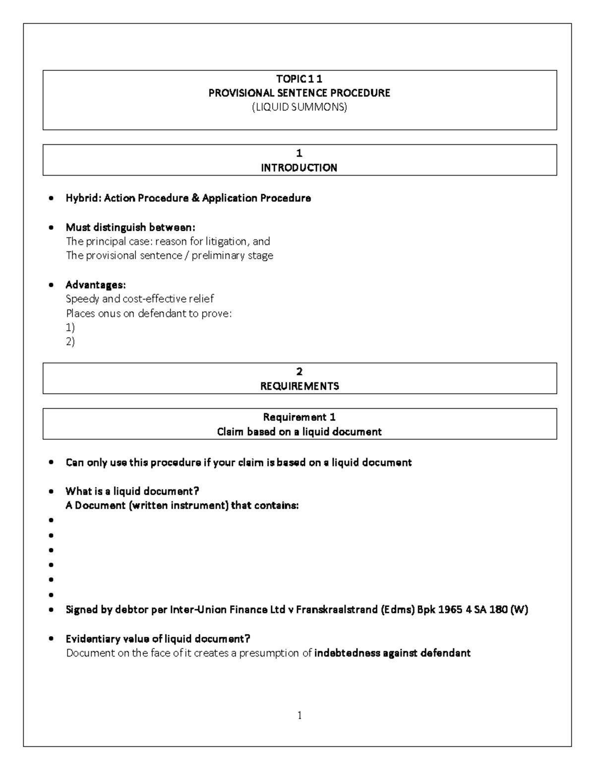 Civil Procedure (LIQUID SUMMONS) - Provisional Sentence Overview - Studocu