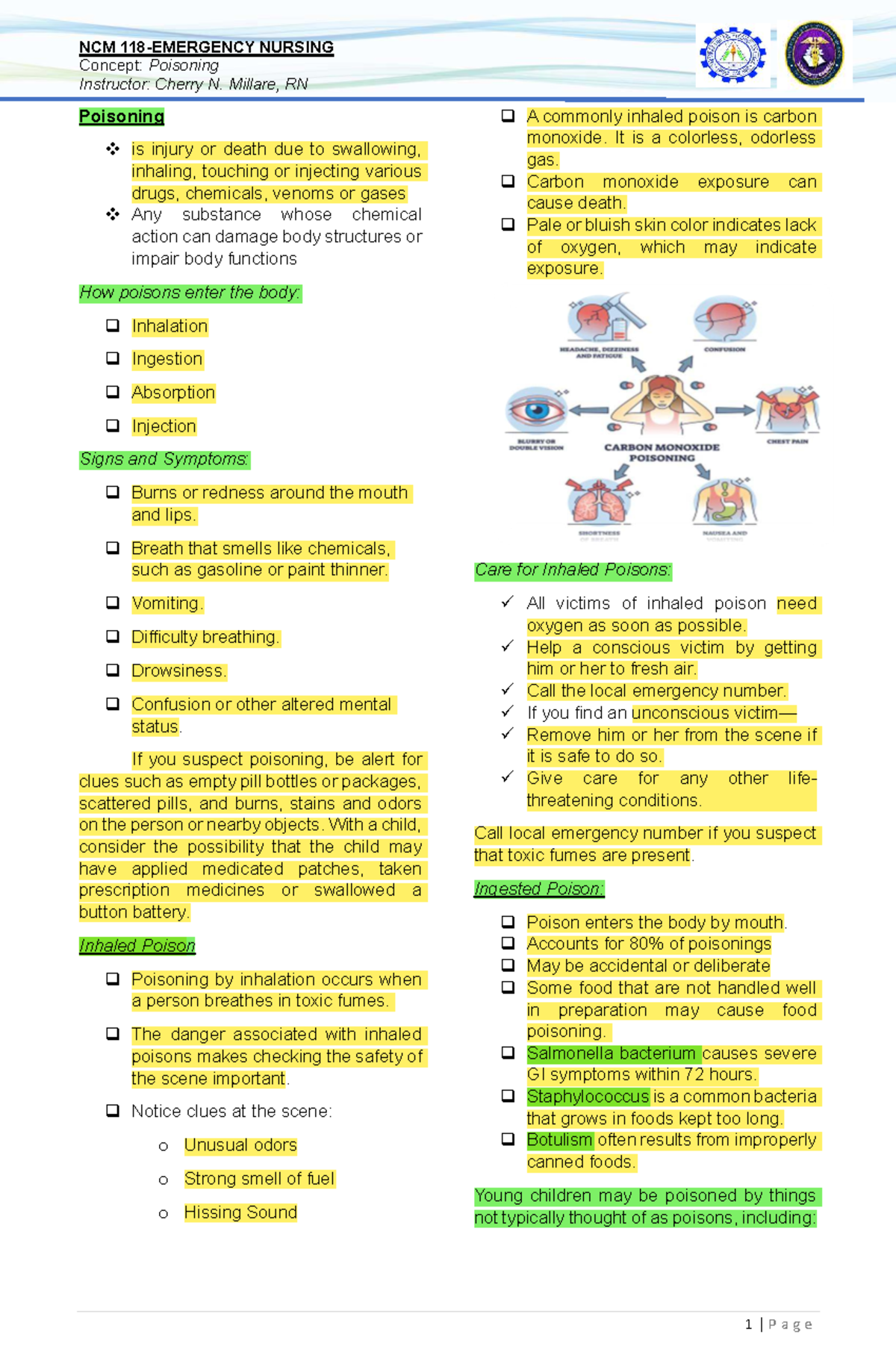 NCM NURSING Handouts: Poisoning Overview and Care Guidelines - Studocu