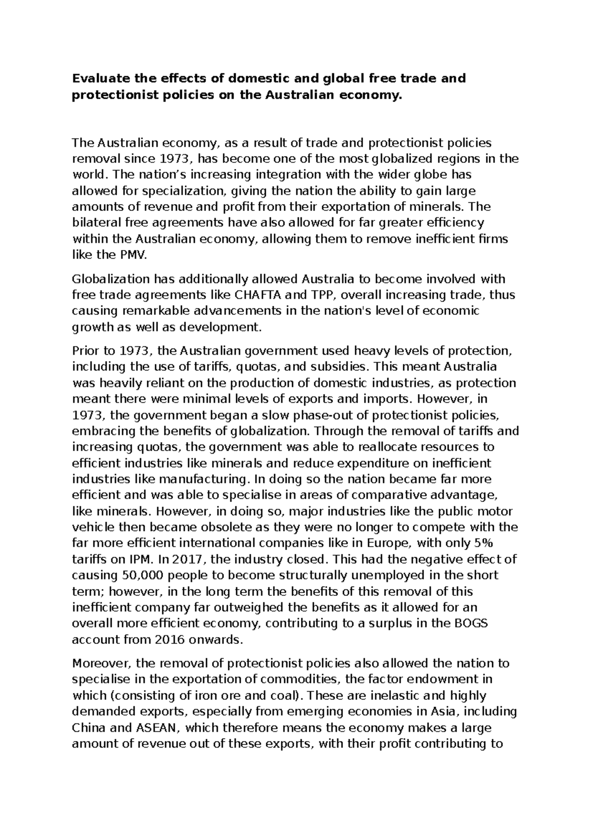 Evaluating Free Trade & Protectionism Effects on Aus. Economy (ECO101 ...