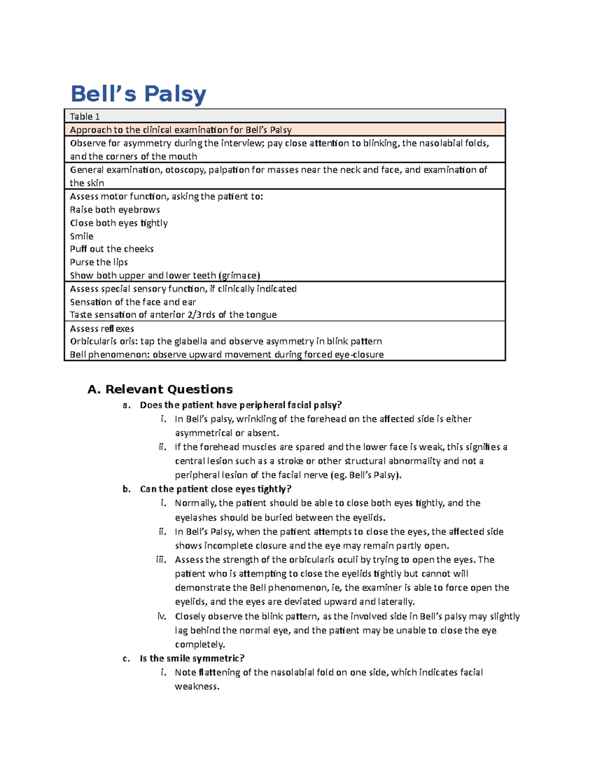Bell's Palsy Examination - Bell’s Palsy Table 1 Approach to the ...