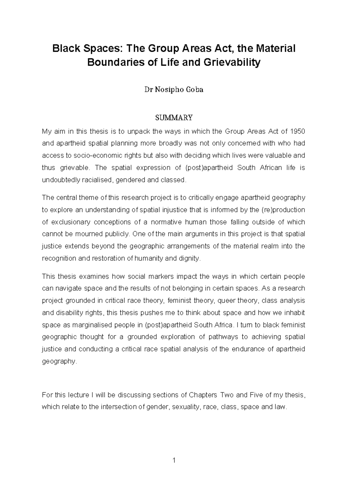 Dr Goba - Gender Law Lecture: Exploring Spatial Injustice in (Post ...