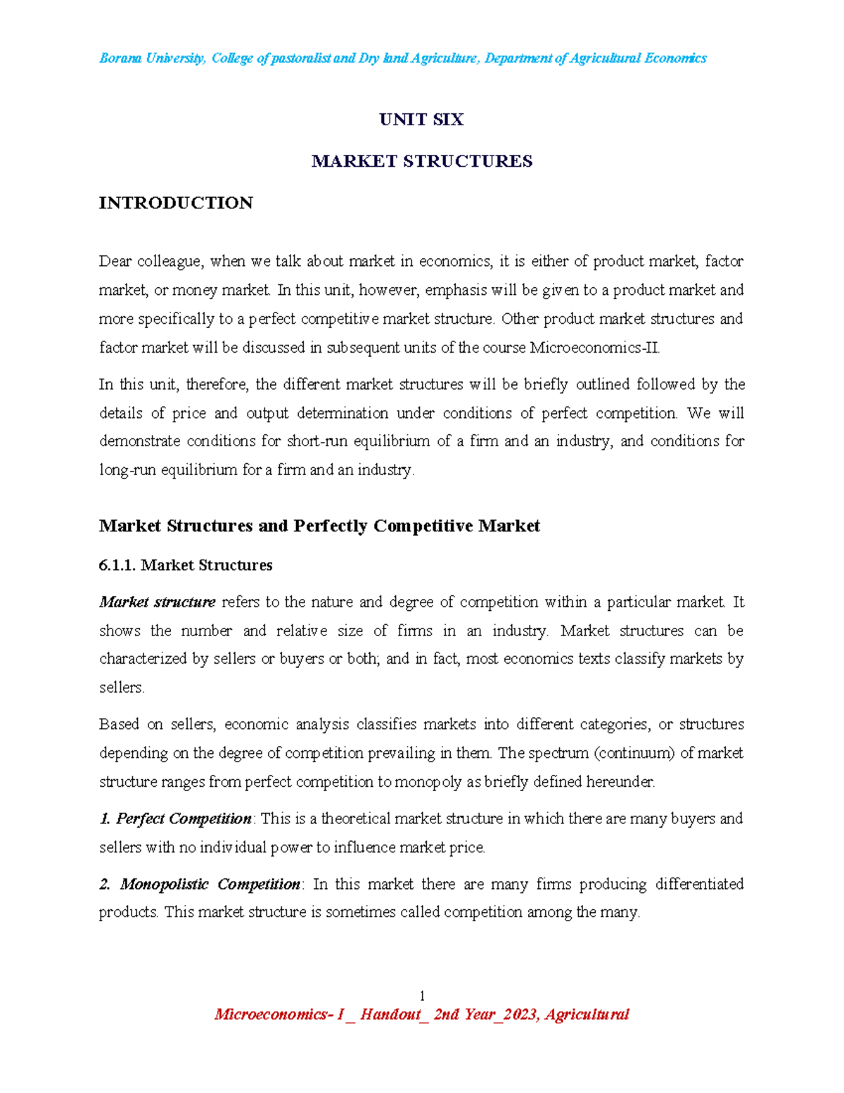 UNIT SIX Seven Market Structure (1) - 1 Microeconomics- I _ Handout ...