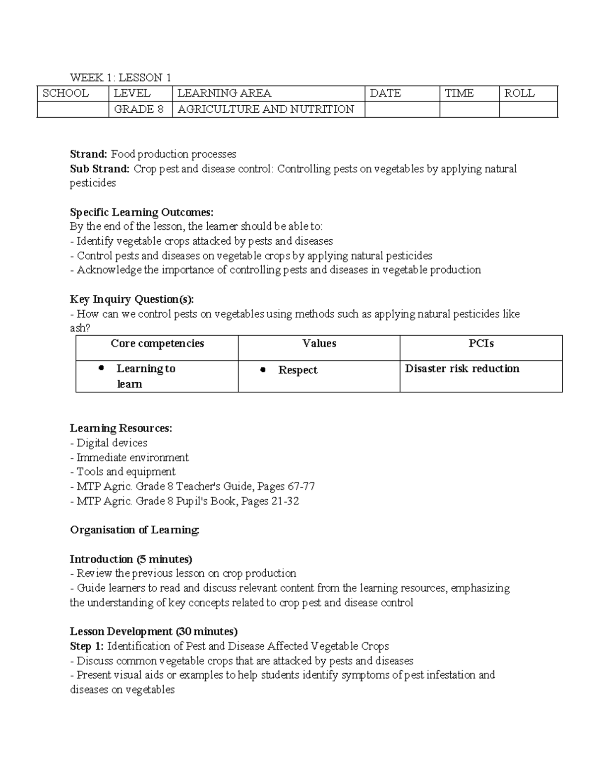 Grade 8 AGRICULTURE AND NUTRITION TERM 2 Lesson Plans on Food ...