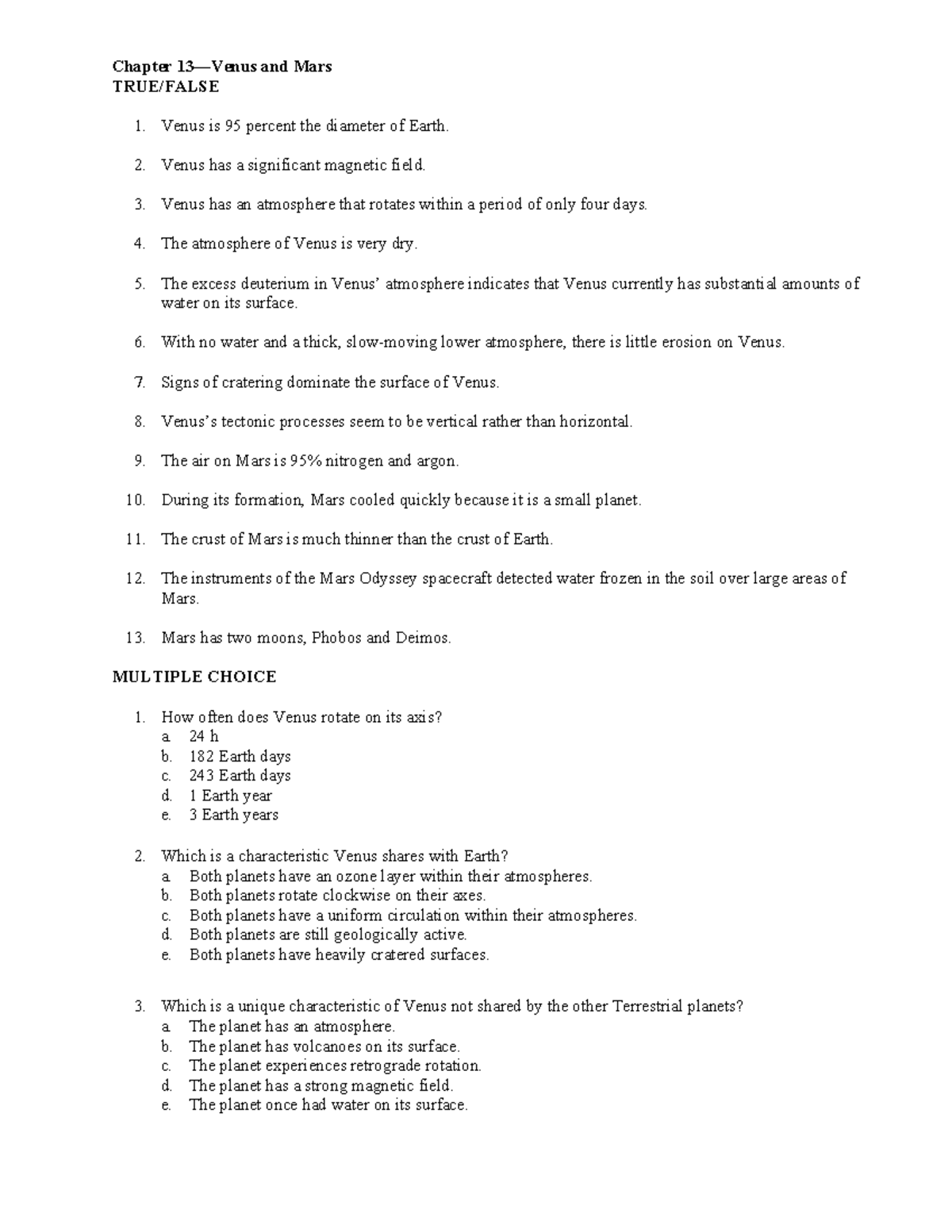 Chapter 13 - Venus and Mars – Sample Test Questions - Chapter 13—Venus ...