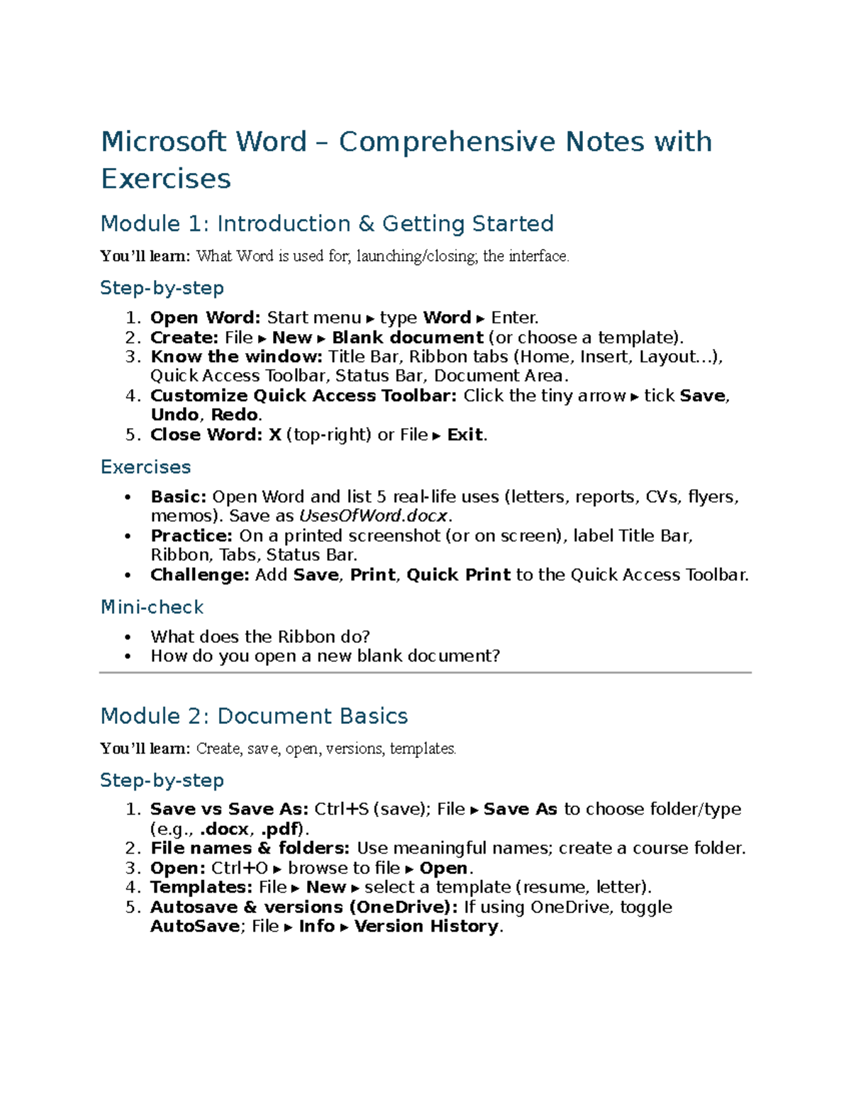 MS Word Comprehensive Notes & Exercises (Module 1-13) - Studocu