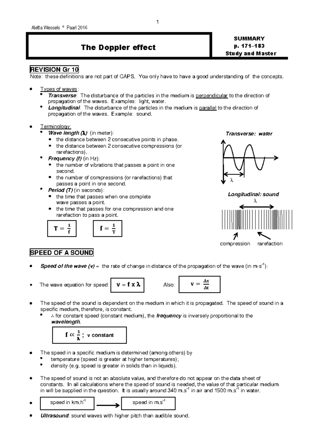 Doppler effect revision notes for Gr 10 physics students - Studocu