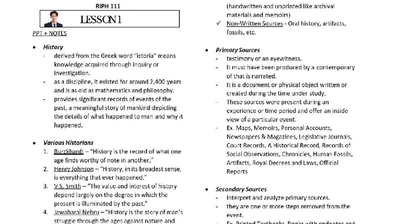 RIPH - Lesson 1: Understanding Primary and Secondary Historical Sources - Studocu