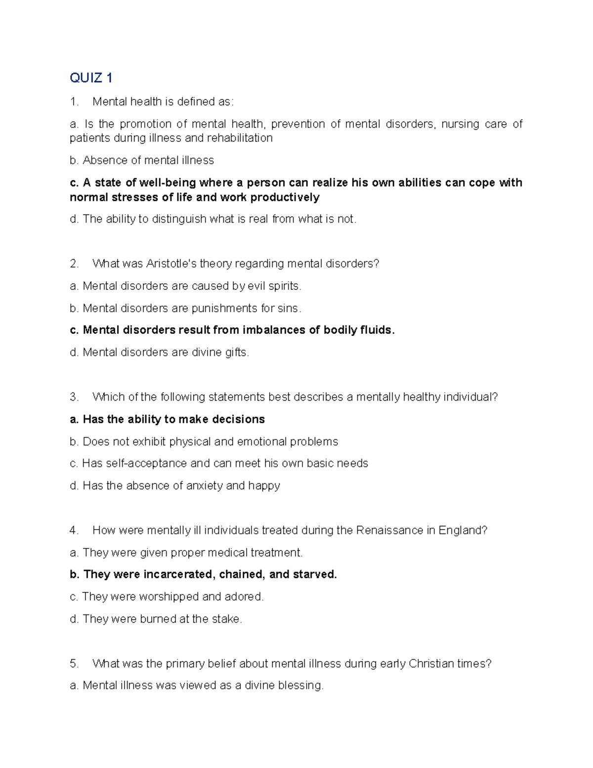 PSYCH 101: Prelim Quiz on Mental Health Concepts and Theories - Studocu