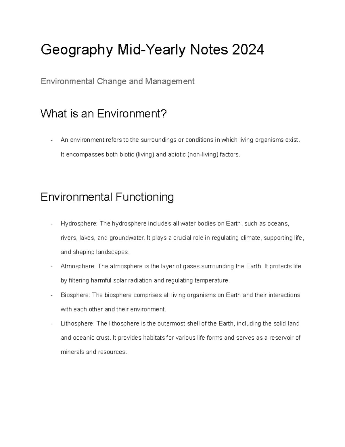 Geography Mid-Yearly Notes 2024 - It encompasses both biotic (living ...