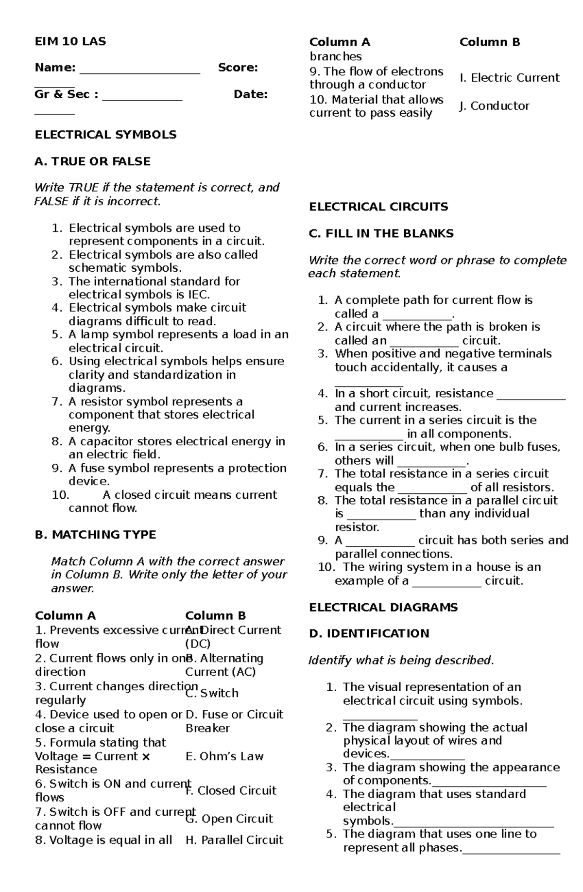LAS for EIM 10: Electrical Symbols and Circuit Diagrams - Studocu