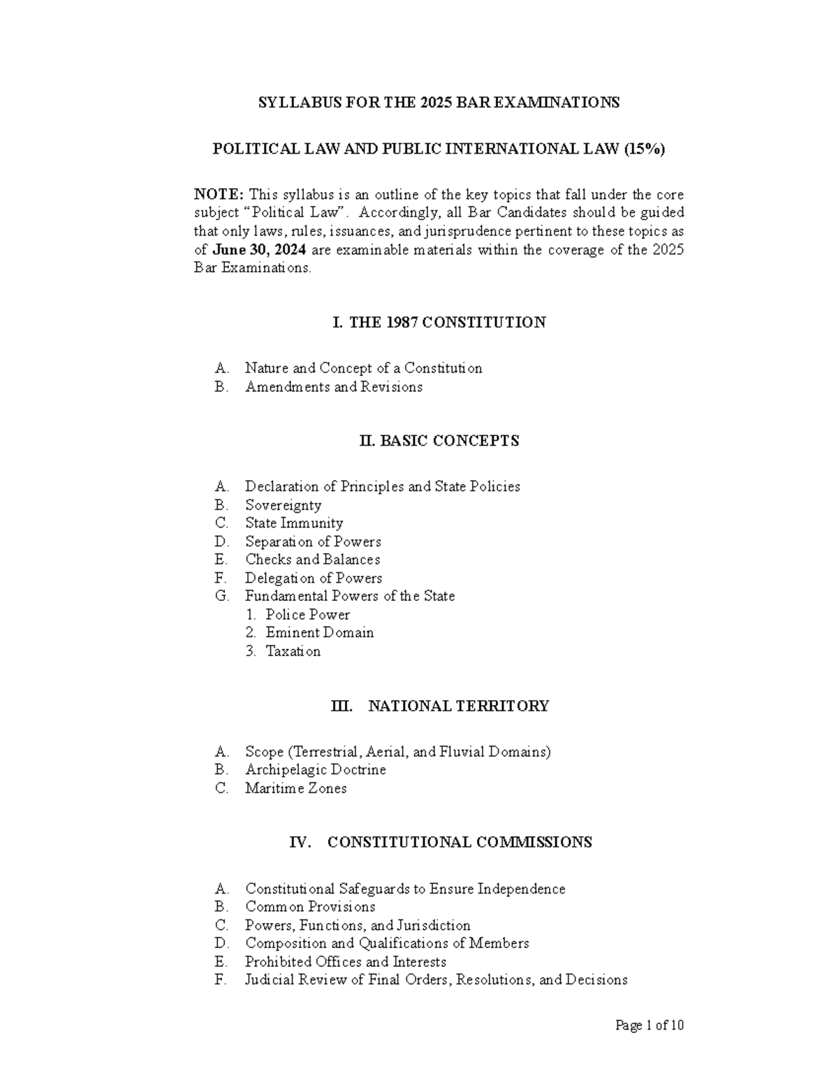 Syllabus for 2025 Bar Examinations: Political & Public International ...
