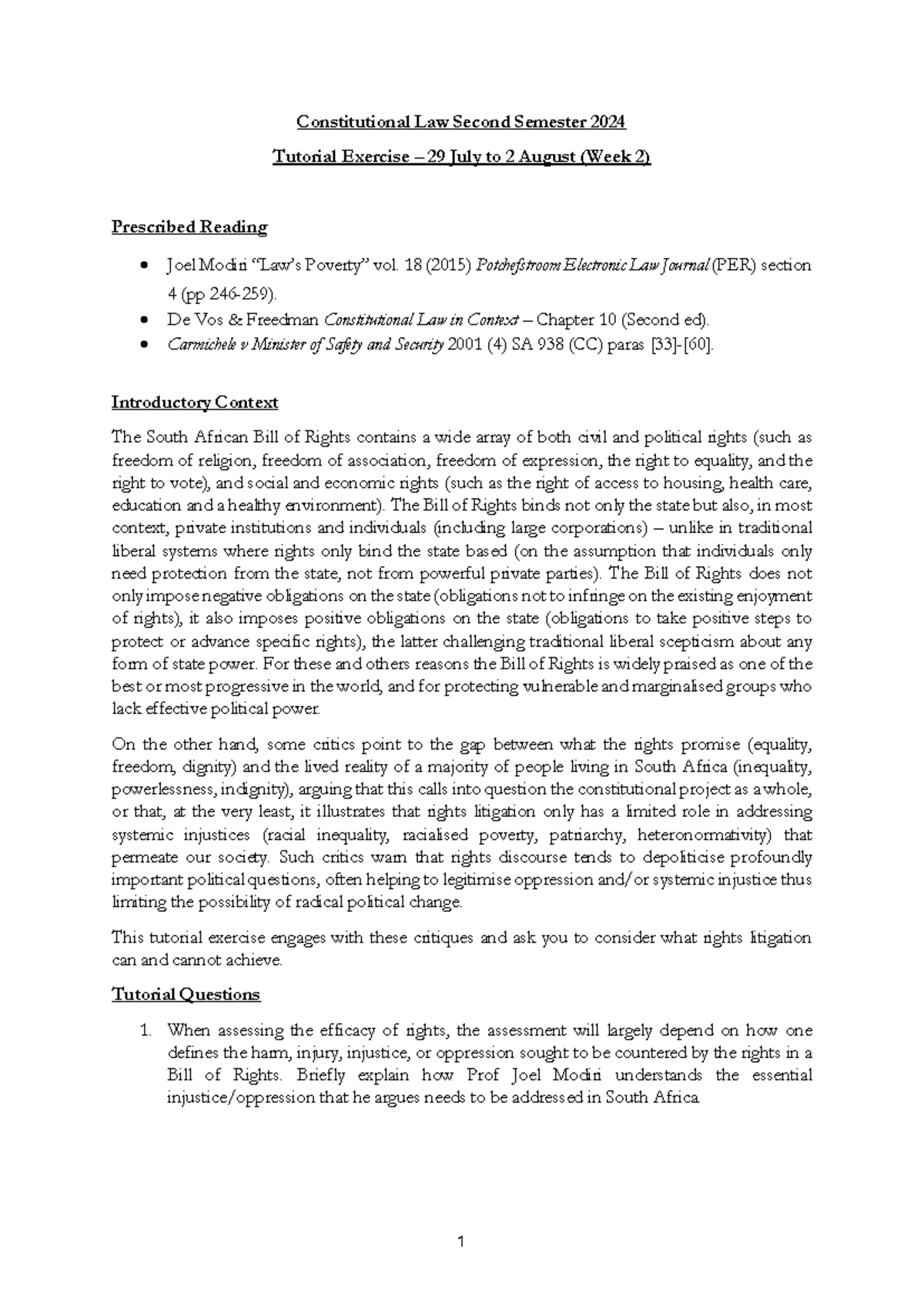 Constitutional Law 2nd Sem 2024 Tutorial 1: Rights Litigation Analysis ...