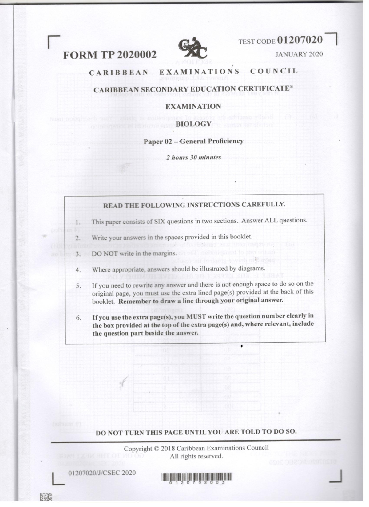 CSEC 2020 JAN Biology Paper 02 Exam Questions and Instructions - Studocu