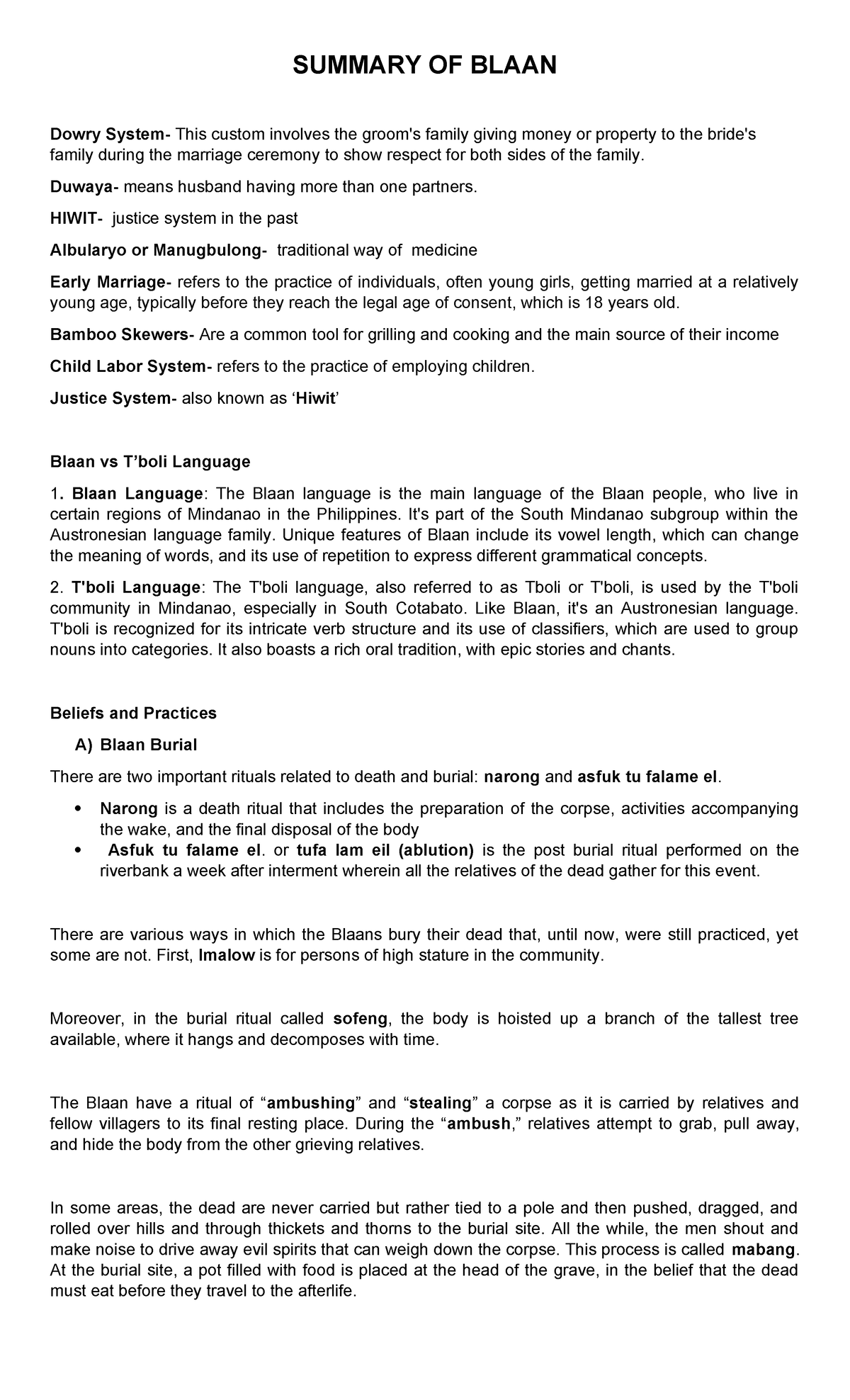 Blaan Culture Summary: Traditions, Language, and Beliefs - Studocu