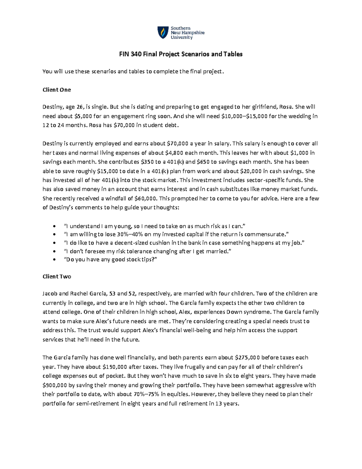 FIN 340 Final Project: Client Scenarios & Financial Tables - Studocu