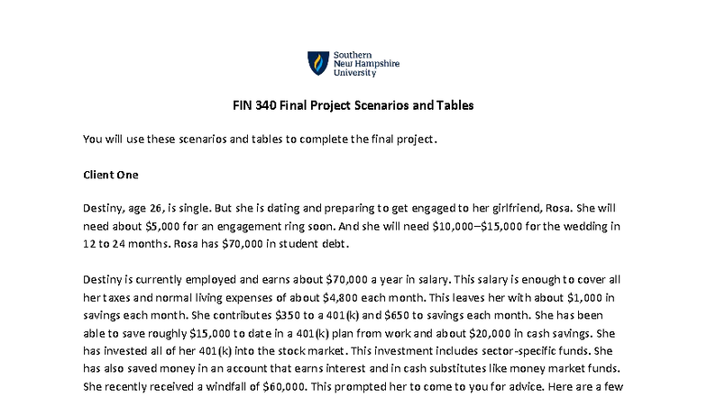 FIN 340 Final Project: Client Scenarios & Financial Tables - Studocu