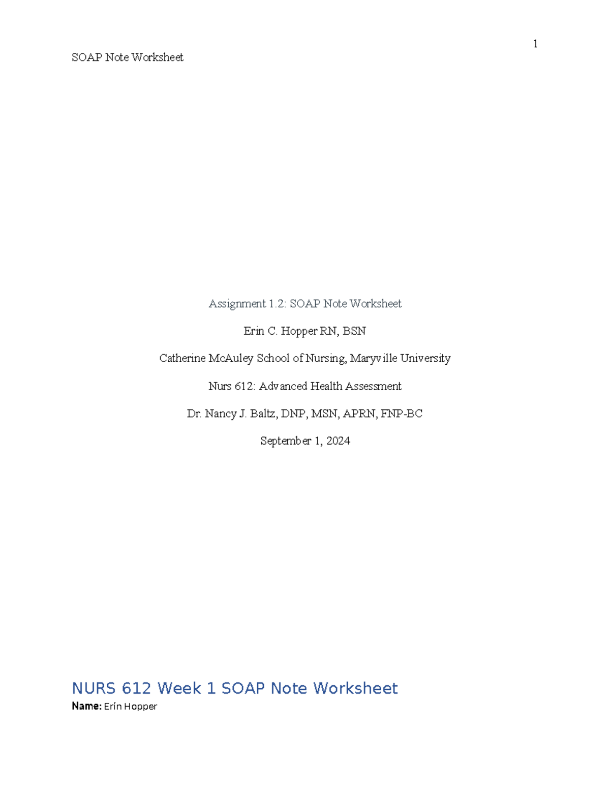NURS 612 - Week 1 SOAP Note Worksheet Assignment 1.2 - Studocu