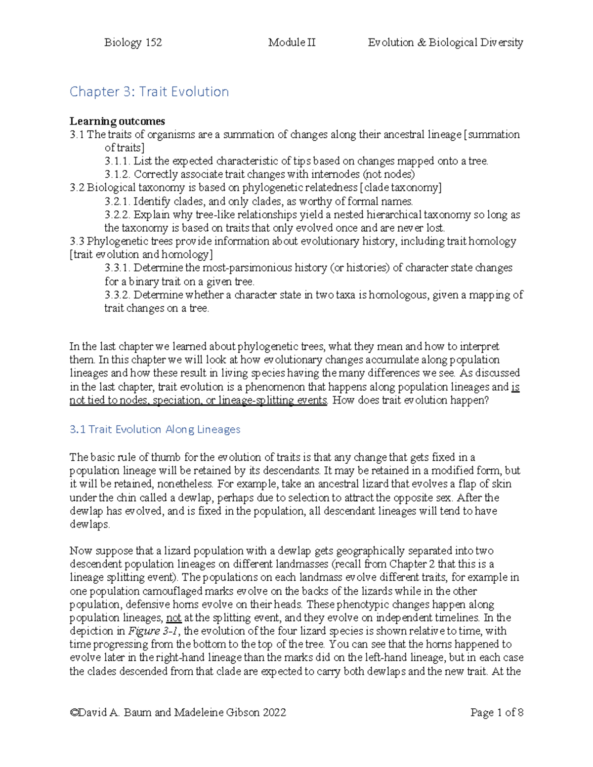 Biology 152 Module II: Evolution Chapter 3 - Trait Evolution & Homology ...