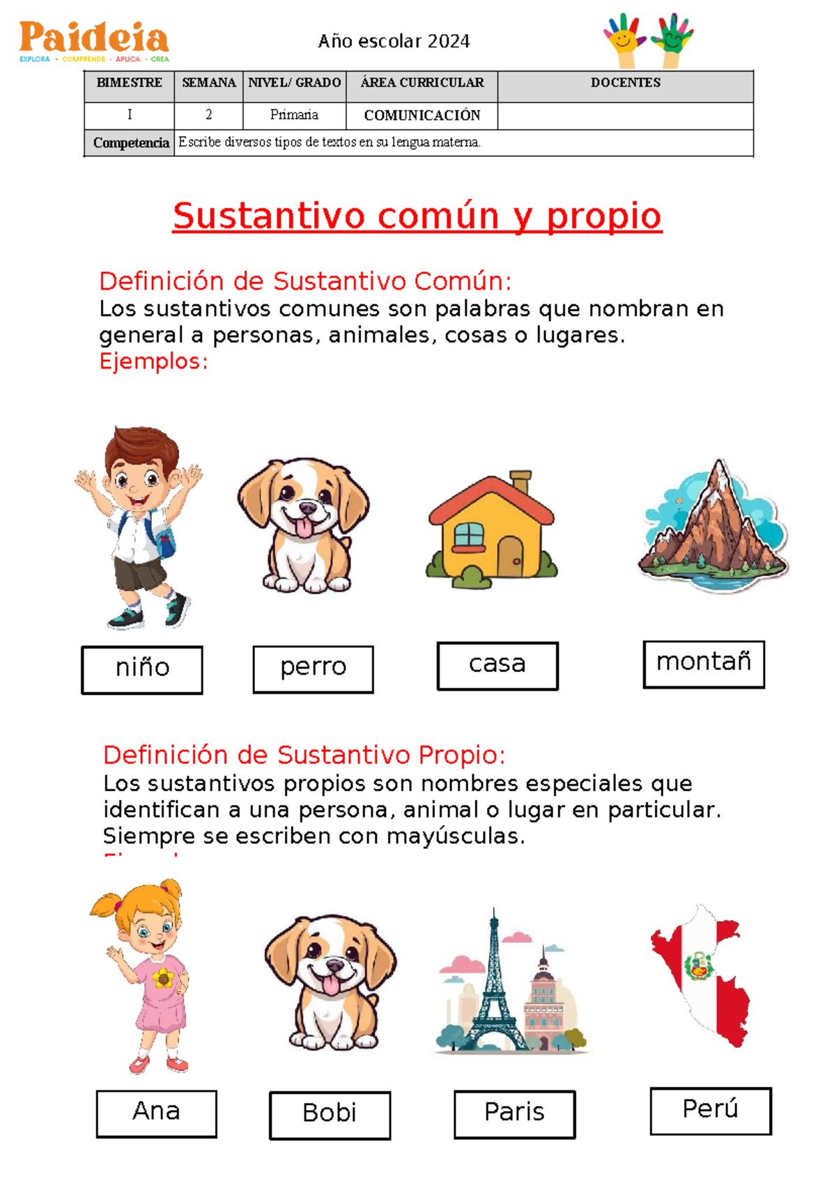 N°02 - Sustantivo Propio Y Comun - Año escolar 2024 BIMESTRE SEMANA ...