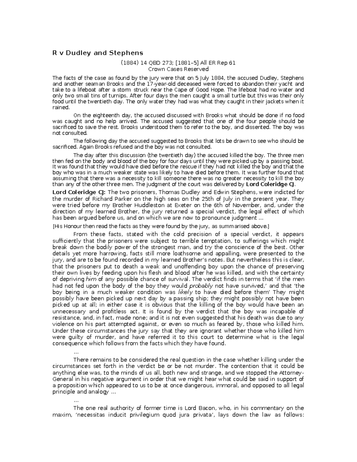 R v Dudley and Stephens (1884) - Case Study Analysis - Studocu