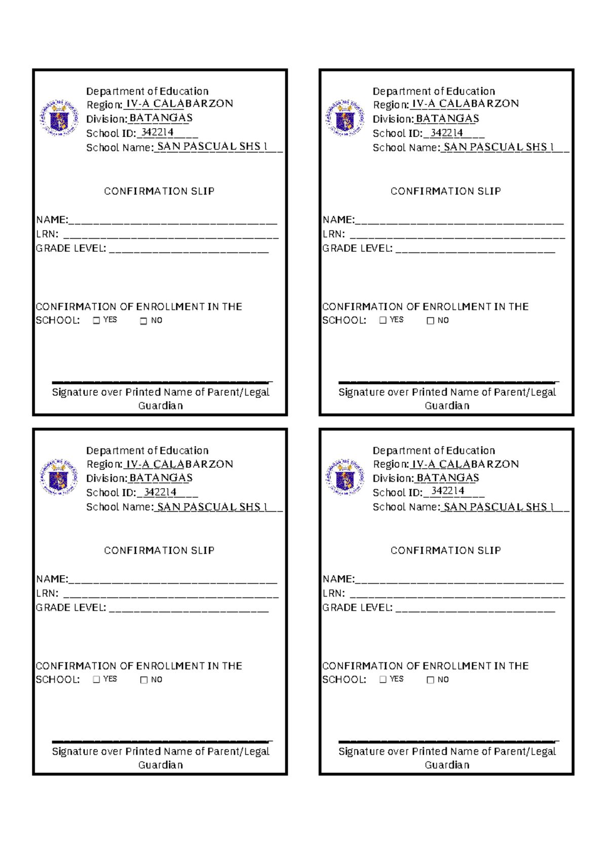 Confirmation-SLIP edited - CONFIRMATION OF ENROLLMENT IN THE SCHOOL ...
