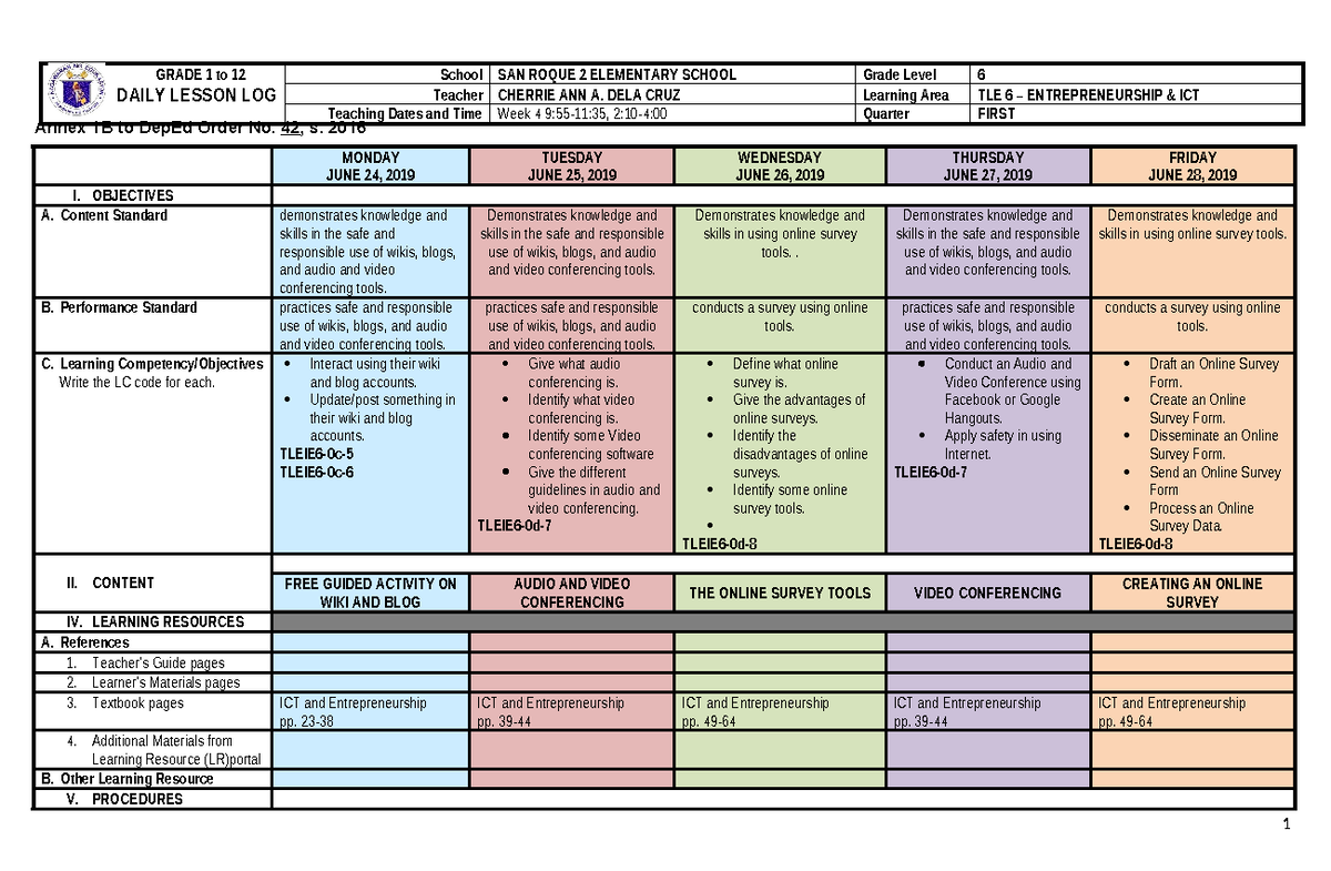 TLE-ICT WEEK 4 - DAILY LESSON LOG FOR GRADE 6 ENTREPRENEURSHIP - Studocu